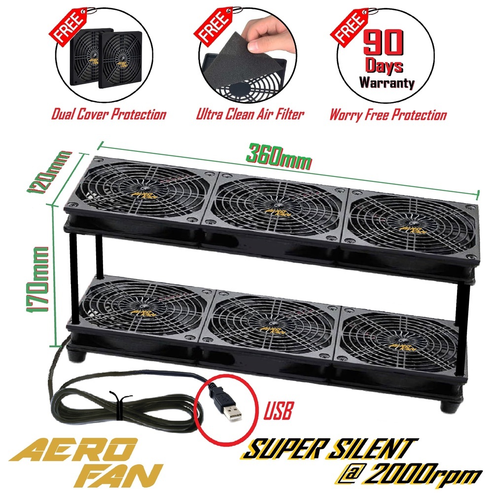 USB 2 Tier - 120x360mm - 6 Fan AeroFan Router Fan WiFi Router Cooling ...