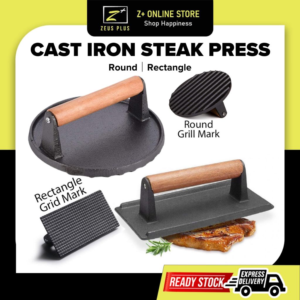 ZPLUS Heavy Duty Cast Iron Grill Press Steak Press Bacon Press Wood ...