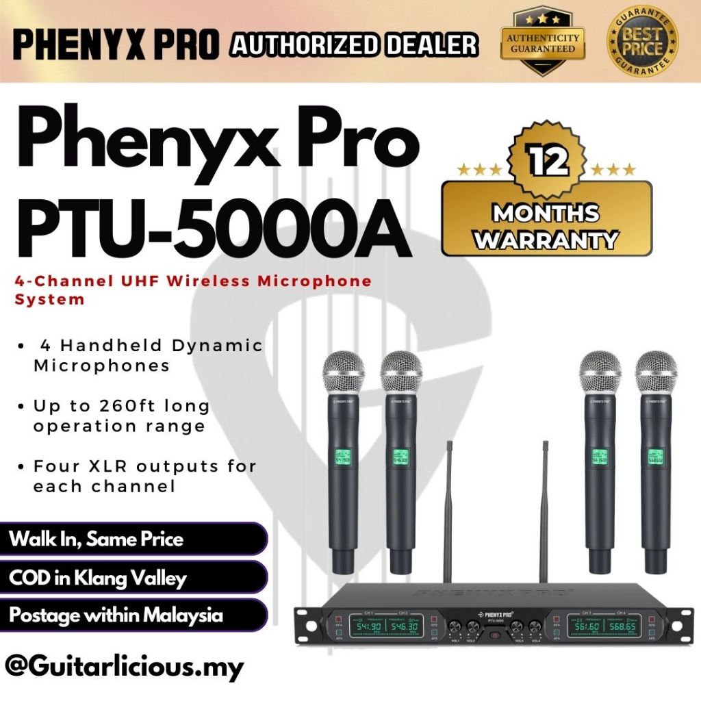 Phenyx Pro Best Budget Wireless PTU-5000A 4-Channel UHF Wireless Microphone System, 260ft Range ...