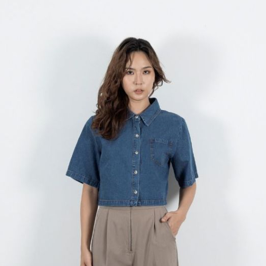 SHOPLOOOH Pocket Denim Short Sleeve Shirt (Denim) | Shopee Malaysia