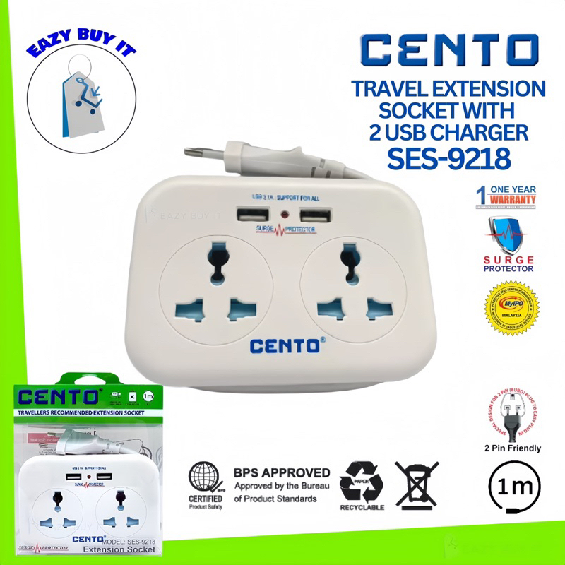 CENTO TRAVEL EXTENSION SOCKET WITH DUAL USB PORTS 2.1A (1M) [SES9218 ...