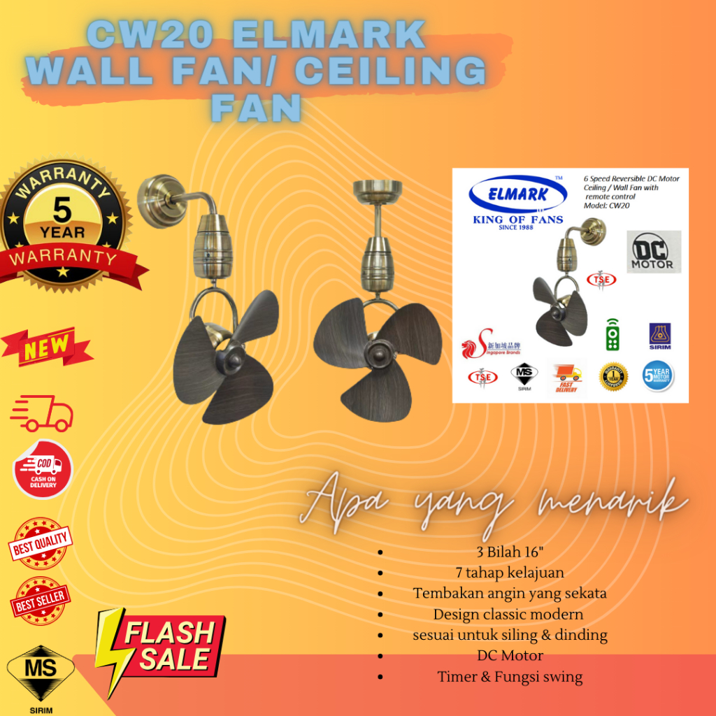 Elmark CW20 16” DC Motor 6-Speed Reversible ABS Blades Ceiling Fan ...