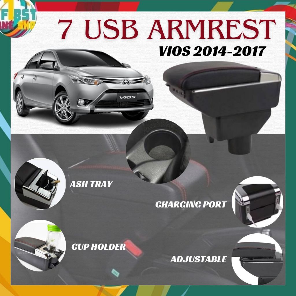 Toyota Vios 2014-2018 USB ARMREST ADJUSTABLE 7 CHARGING PORT WITH RED ...