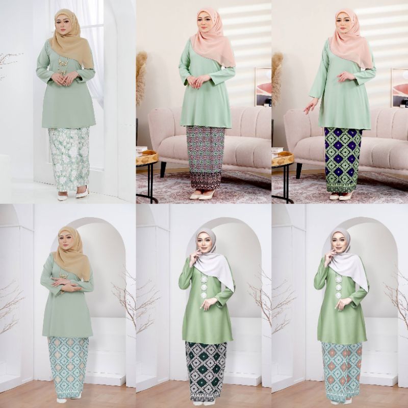 [NEW ARRIVAL] KURUNG RIAU BATIK IN LIGHT MATCHA/SAGE GREEN/ BAJU KURUNG PLUS SAIZ | Shopee Malaysia