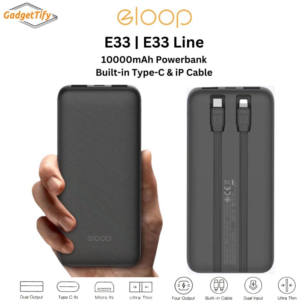 Eloop E33 / E33 Line Power bank 10000mAh Powerbank Built-in Type-C / iP Cable | Shopee Malaysia