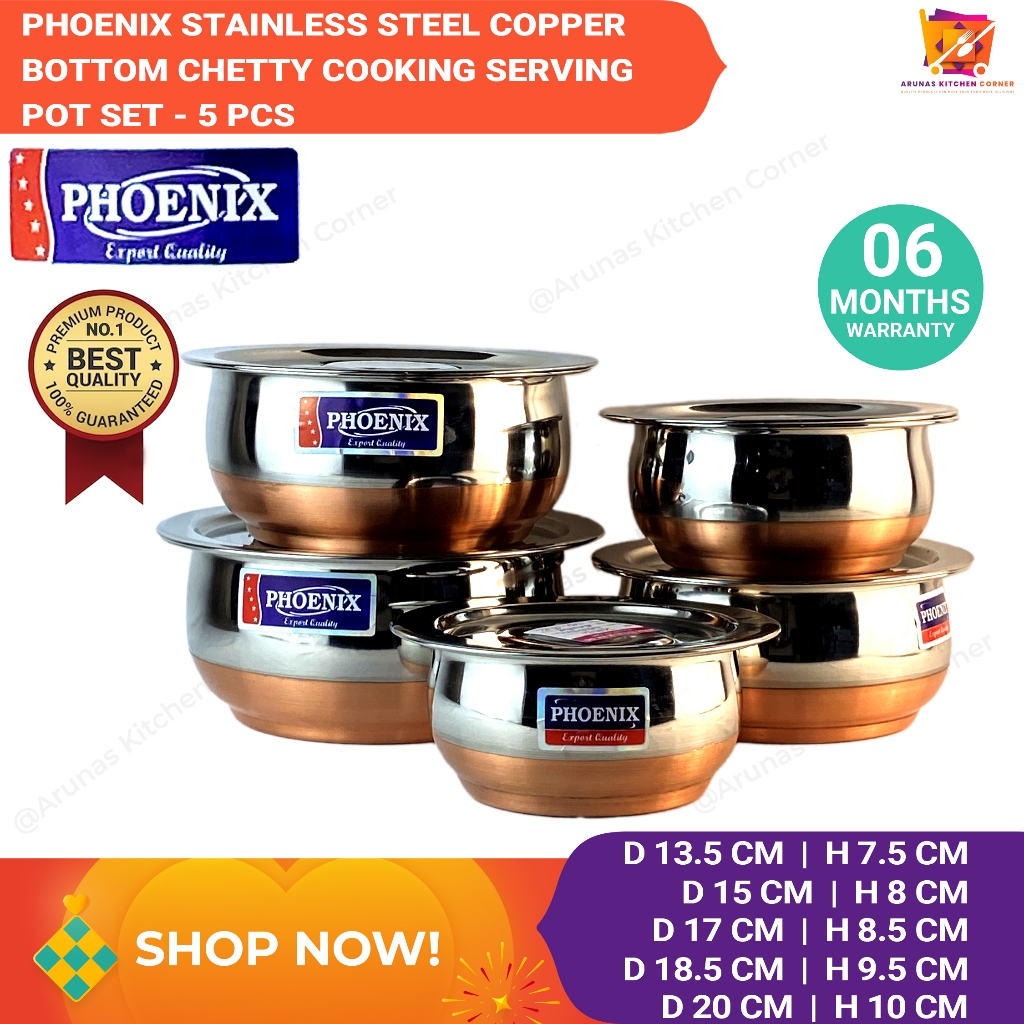 Phoenix Stainless Steel Copper Bottom Chetty Cooking Serving Pot Set 5 ...