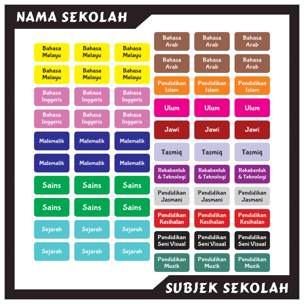 Stiker nama, hari, subjek buku sekolah Hari sekolah Nama mata pelajaran ...