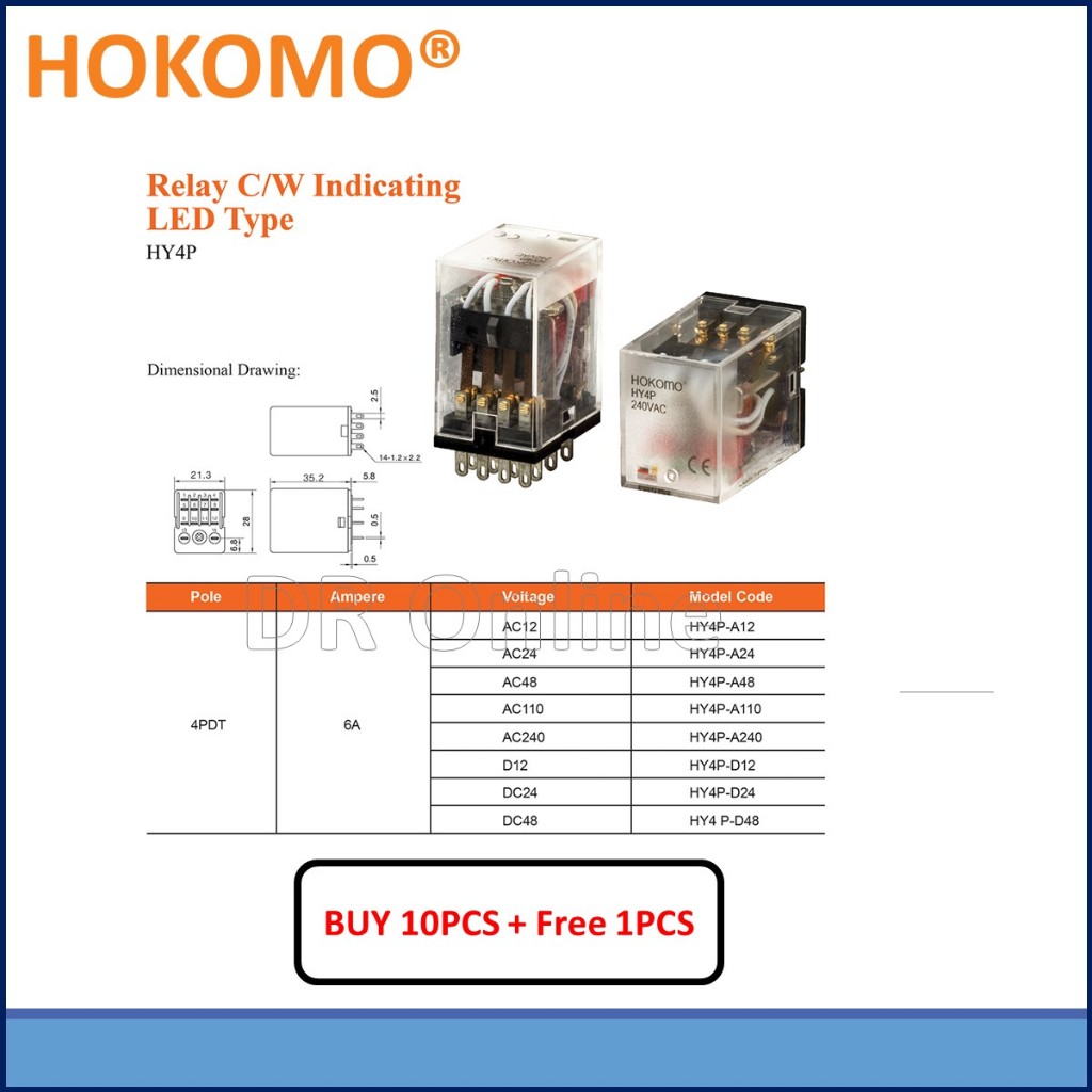 Hokomo Relay 14pin Flat 4PDT General Relay AC 240/110/12/24/48V / DC 24 ...