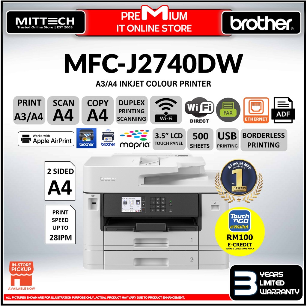Brother Colour Inkjet Printer MFC-J2740DW A3 A4 All In One Wireless ...