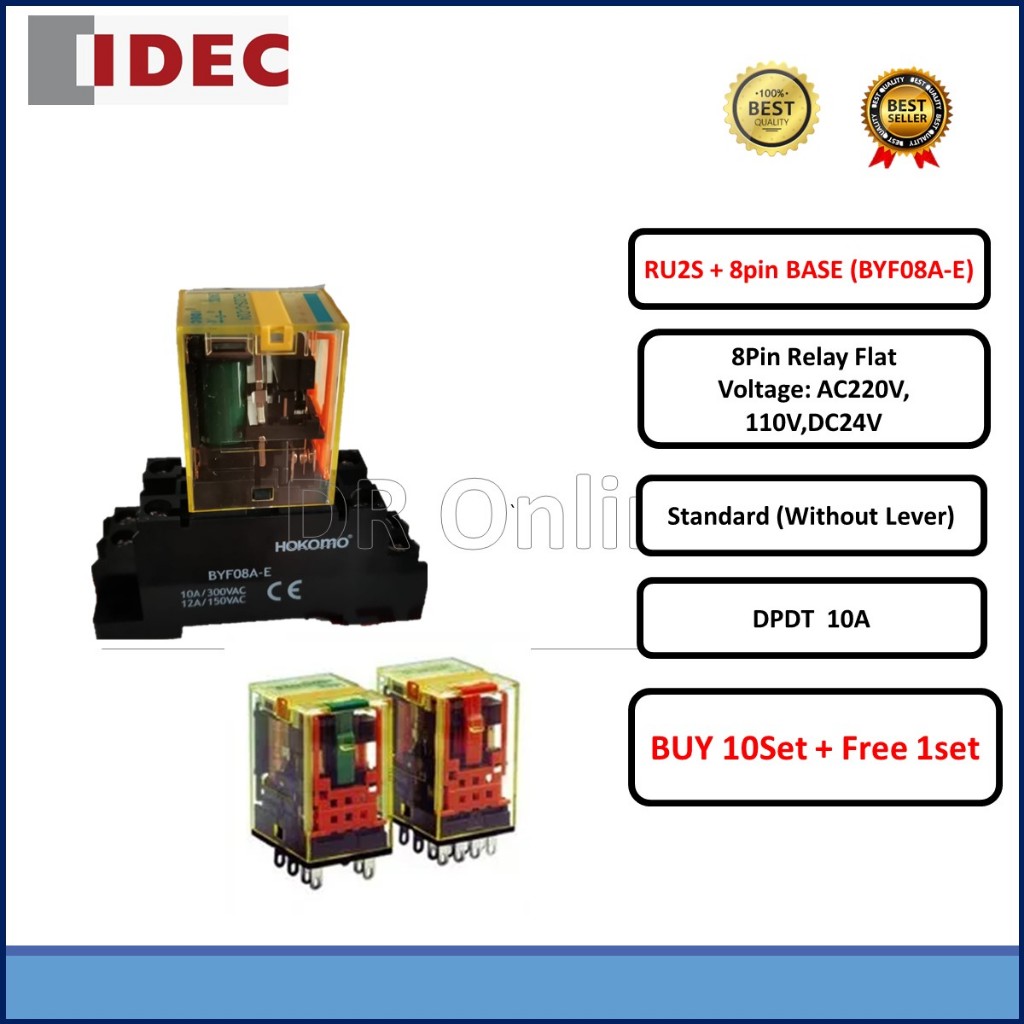 IDEC 8PIN RELAY FLAT, DPDT, STANDARD TYPE ~ 24VDC /110VAC / 220VAC RU2S ...