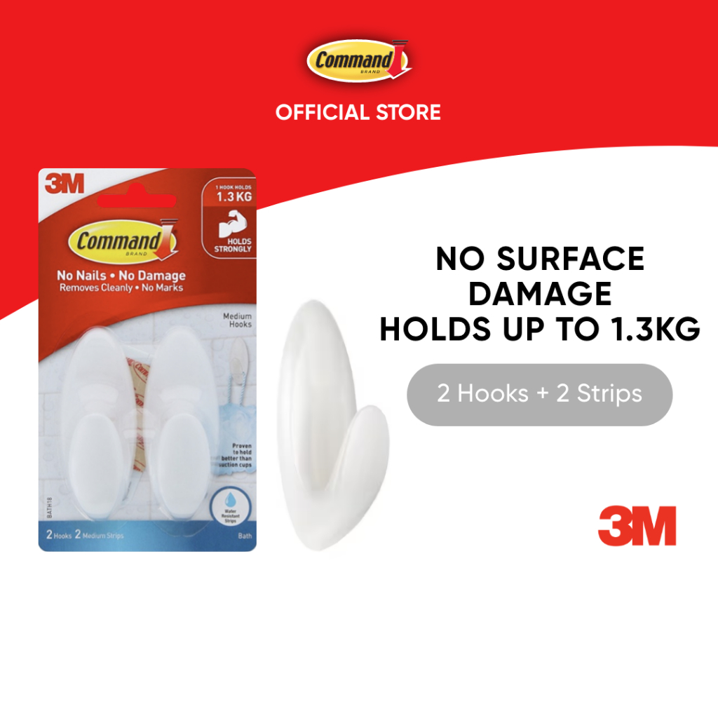 3M™ Command™ Medium Hooks, BATH18, Holds Up to 1.3kg, 2 hooks + 2 ...