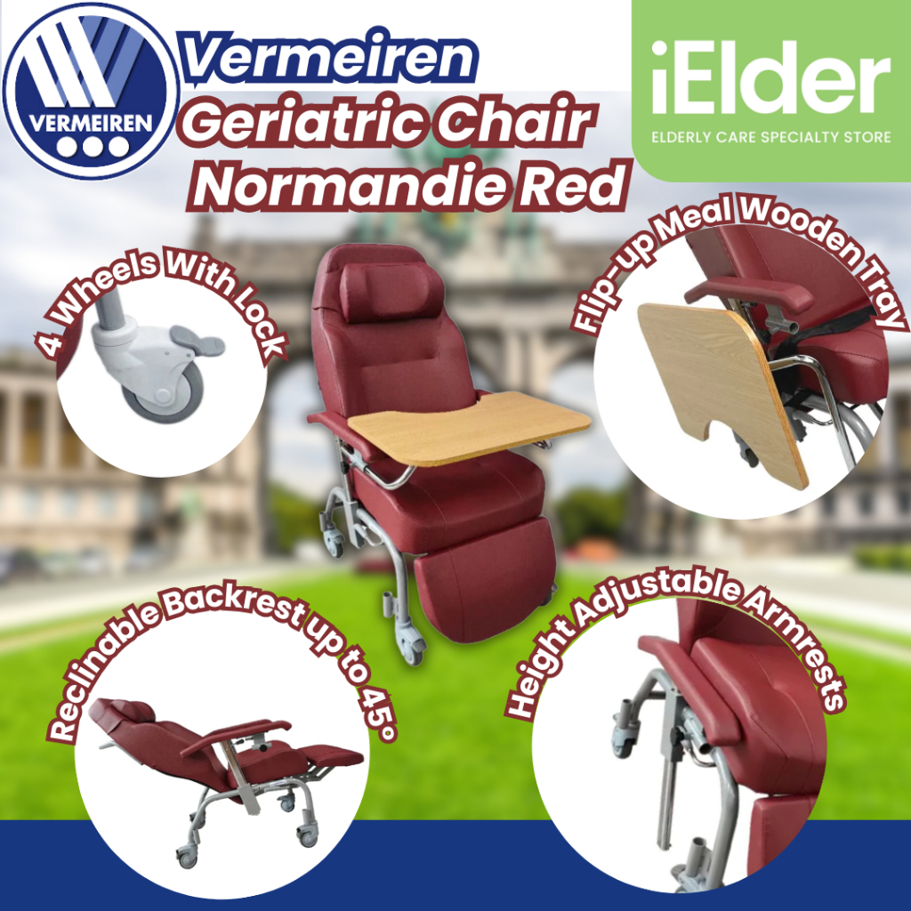 Relax Geriatric Chair with Wheels with tray | Vermeiren Normandie Red ...
