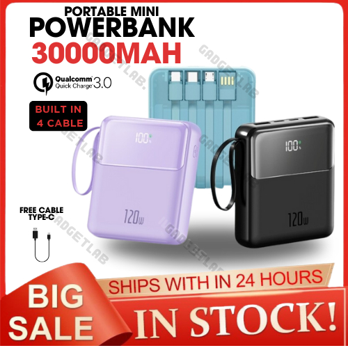 30000mAH Powerbank fast charge With 4 Cables Mini Powerbank With ...