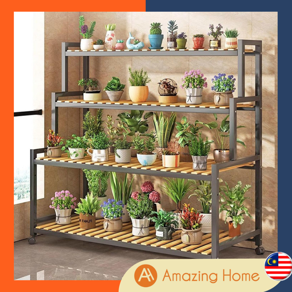 AmazingHome 4 Tier Flower Rack Plant Rack Steel Outdoor Rack Rolling ...