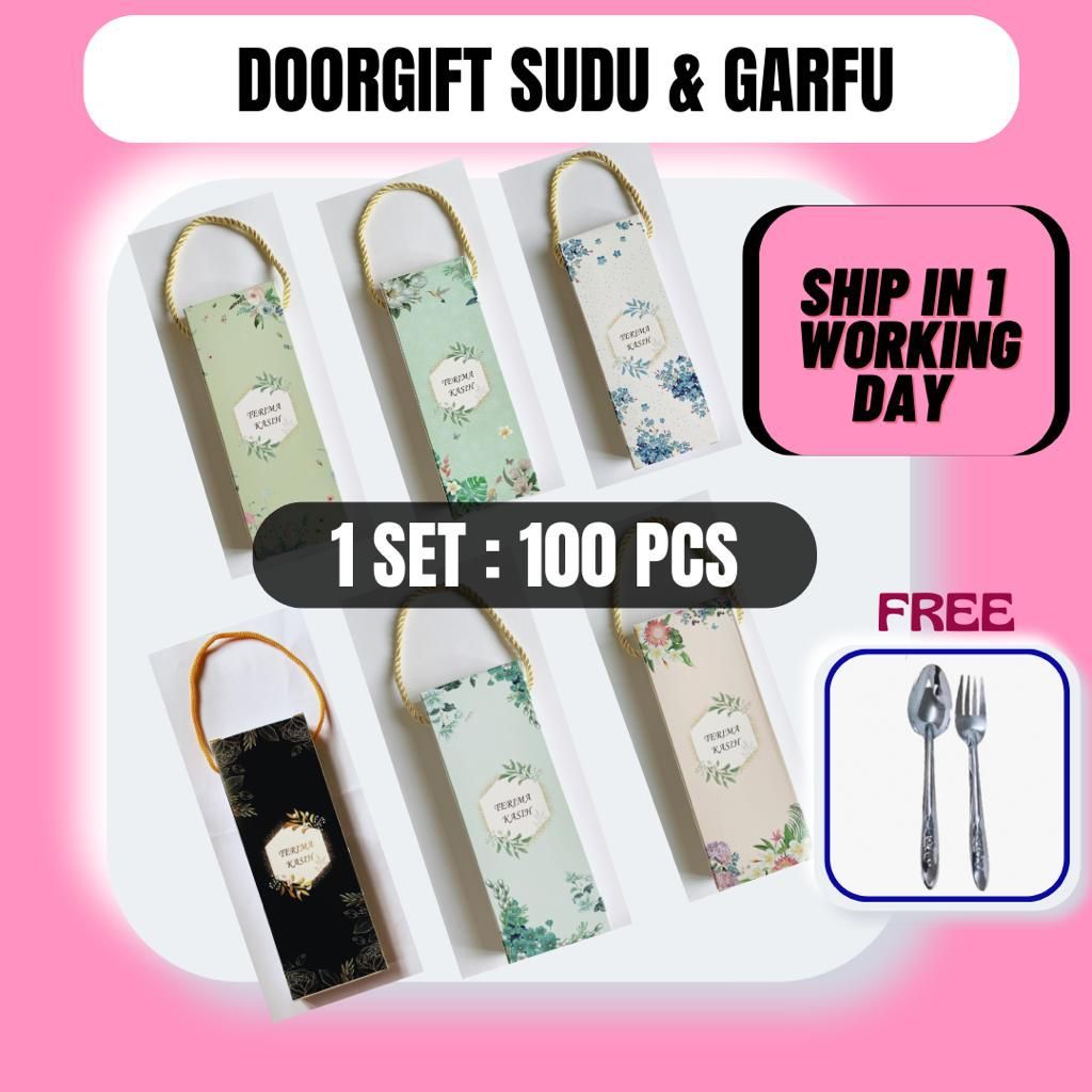 PROMO 100pcs Kotak, Doorgift Sudu dan Garpu, Doorgift majlis, goodies kahwin, door gift murah ...