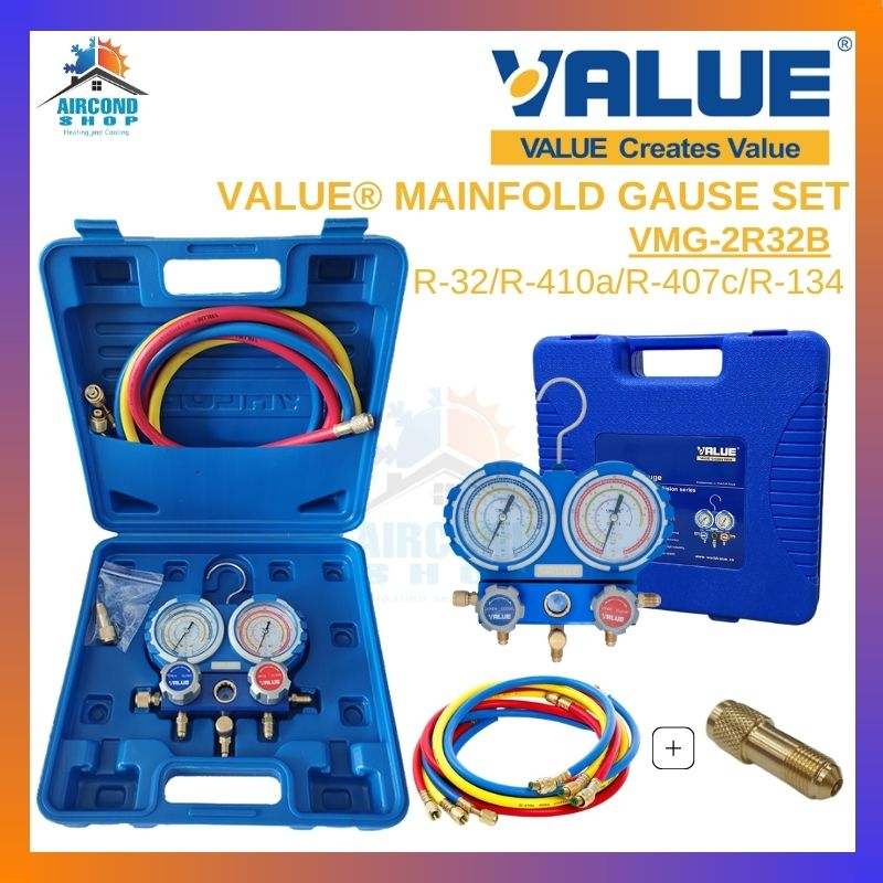 VALUE Manifold Gauge Set (VMG-2R32B) Aircond Service Dual Manifold Guage R410a Gas Metar 3 ...