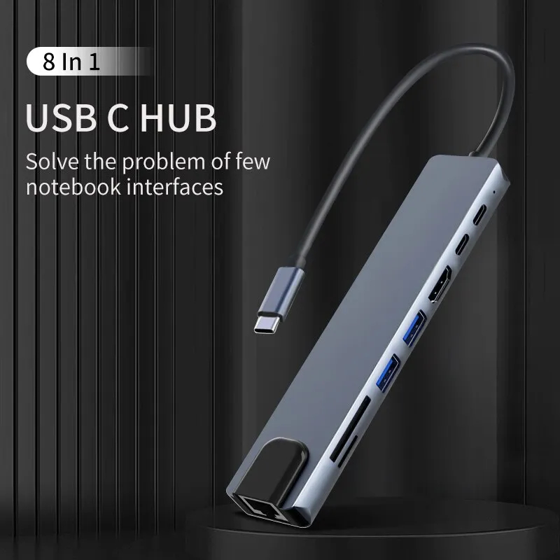 USB Hub 8 in 1 Port Type C To 4k Hdmi Hub Adapter with Rj45 Card Reader ...