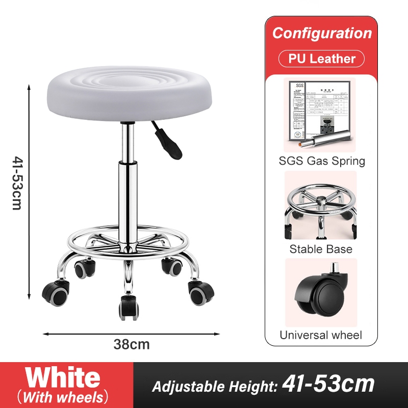 Adjustable Height Swivel Round Stool Chair With Wheels PU Leather Soft ...
