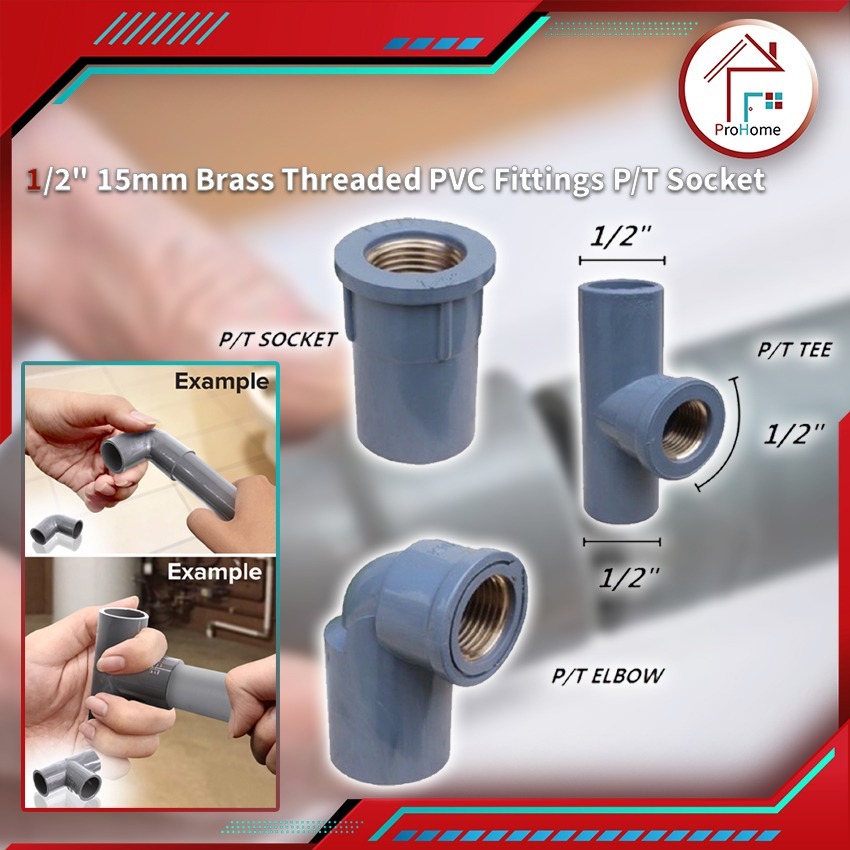 1/2" 15MM Brass Threaded PVC Pipe Fittings P/T SOCKET | P/T ELBOW | P/T TEE / Penyambung Paip ...