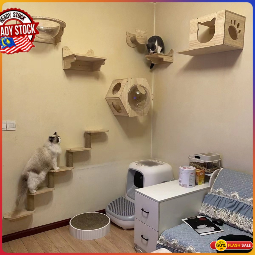 Wall Mounted Cat Scratch Post Wooden Cat Tree Cat Climbing Jump Shelf ...