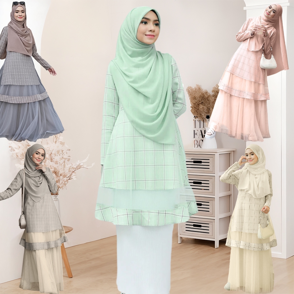 Baju Kebarung Peplum Plaid Baju Kurung Mesh Kurung Jubah Muslimah Two ...