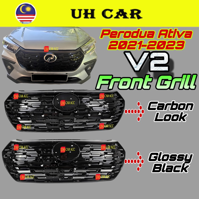 (V2) Perodua Ativa V2 Front Bumper Grill Grille Abs Glossy Black Carbon ...