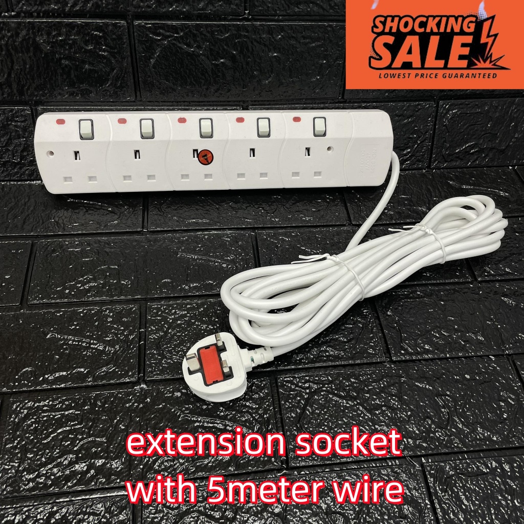 5 GANG 5 METER TRAILING SOCKET EXTENSION PLUG SOCKET HOME ELECTRIC PLUG ...