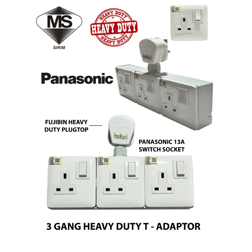 PANASONIC HEAVY DUTY 3 GANG T-Adaptor EXTENSION WALL SOCKET AND ADAPORT ...