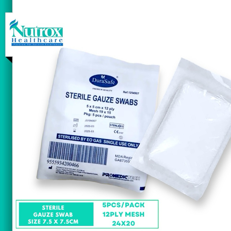DURASAFE Gauze Swab Sterile 7.5x7.5cm 12ply Mesh 24x20 (1 PACK)(5’s ...