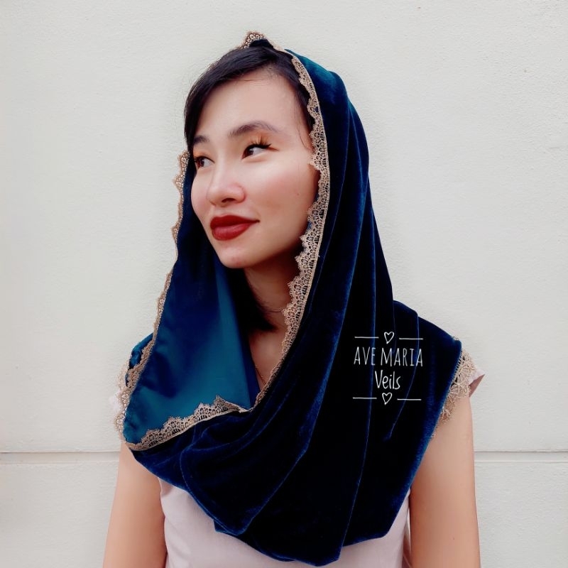 Our Lady of Guadalupe Teal Infinity Chapel Veil with Gold Lace Trim ...