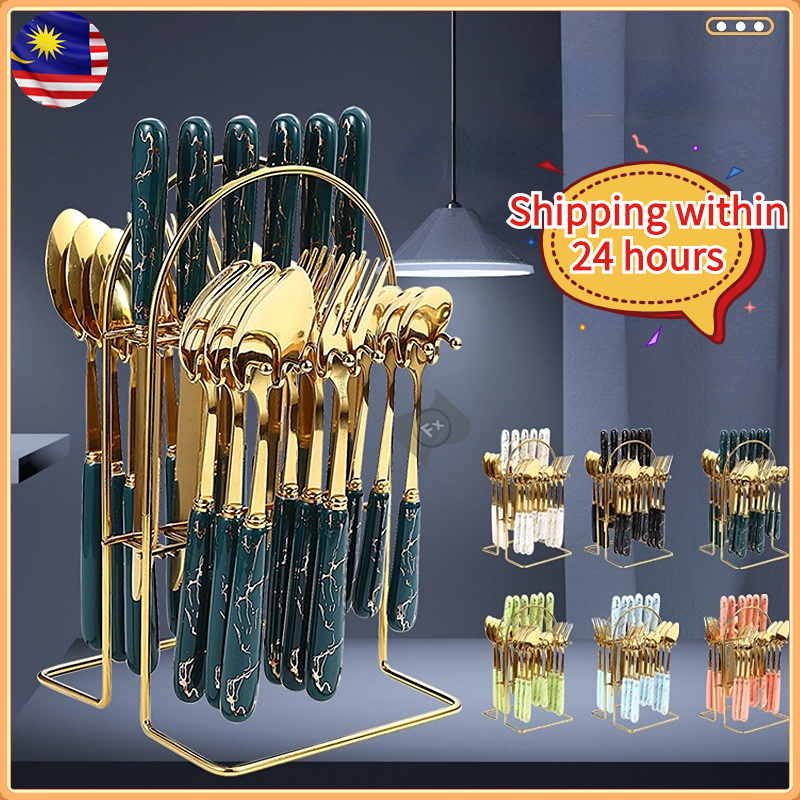 24pcs Luxury Stainless Steel Cutlery Set Spoon Knife Fork Set Hotel ...
