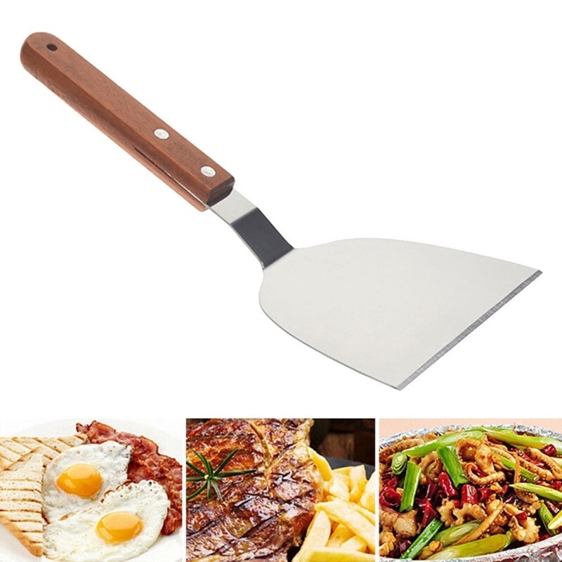 Stainless Steel Teppanyaki Turner Scrapper Wooden Handle / Burger Ikan ...