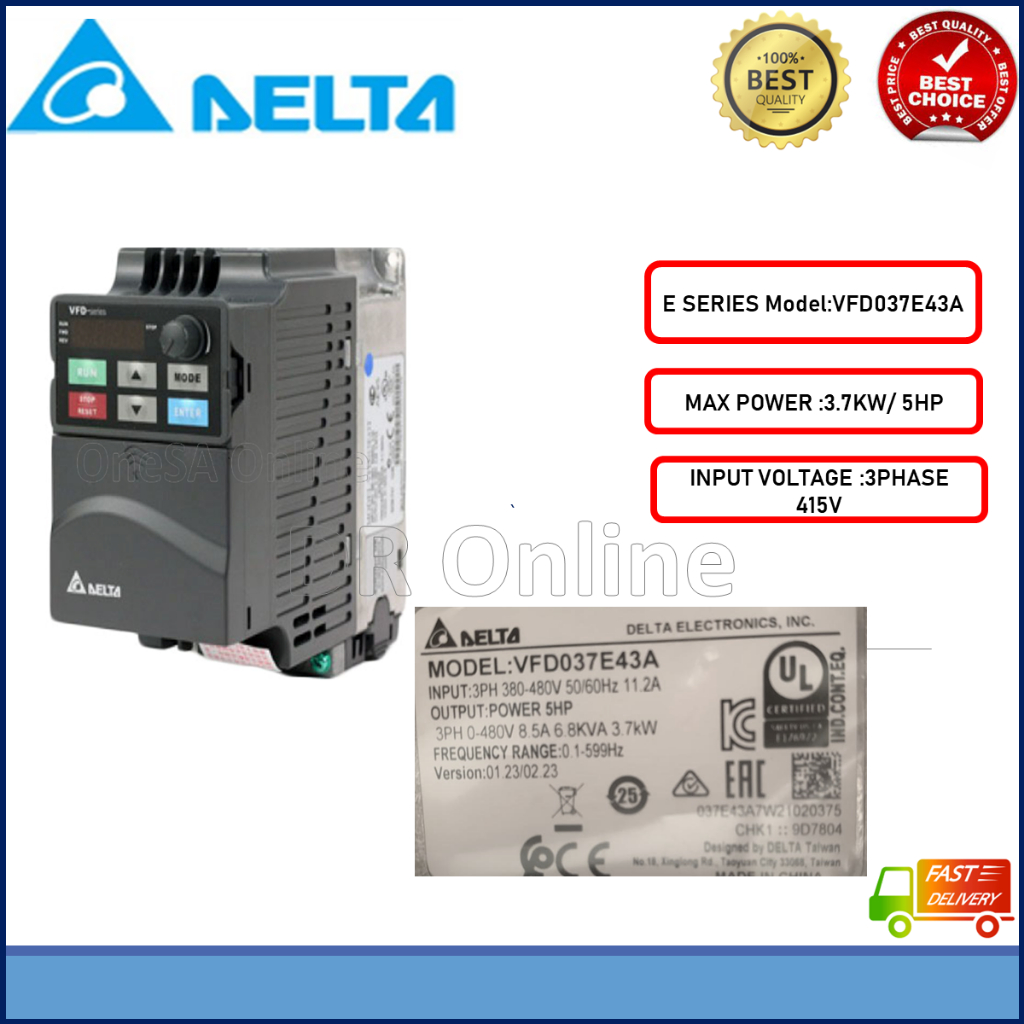 DELTA INVERTER, E SERIES ~ 3.7KW/5HP ~ 415V ~ 3PH, (VFD037E43A ...