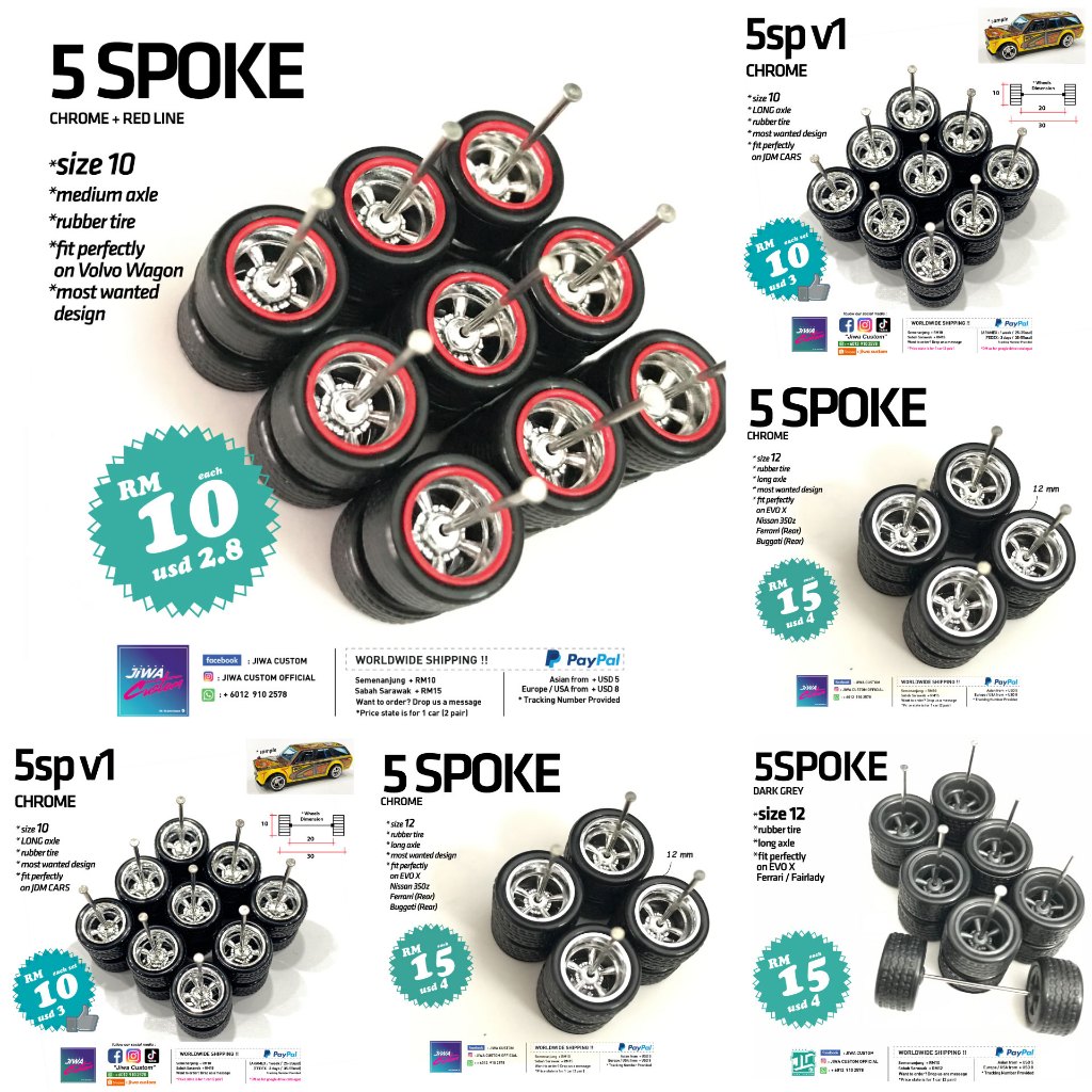 5 spoke V1 Wheels | Real Riders tayar getah hotwheels Tyre Chrome Redline | Shopee Malaysia