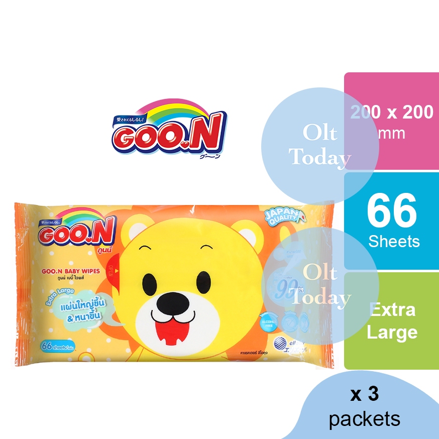 GOON Baby Wipes Extra Large (66's x 3 pckts) - (99% Pure Water)(Japan ...