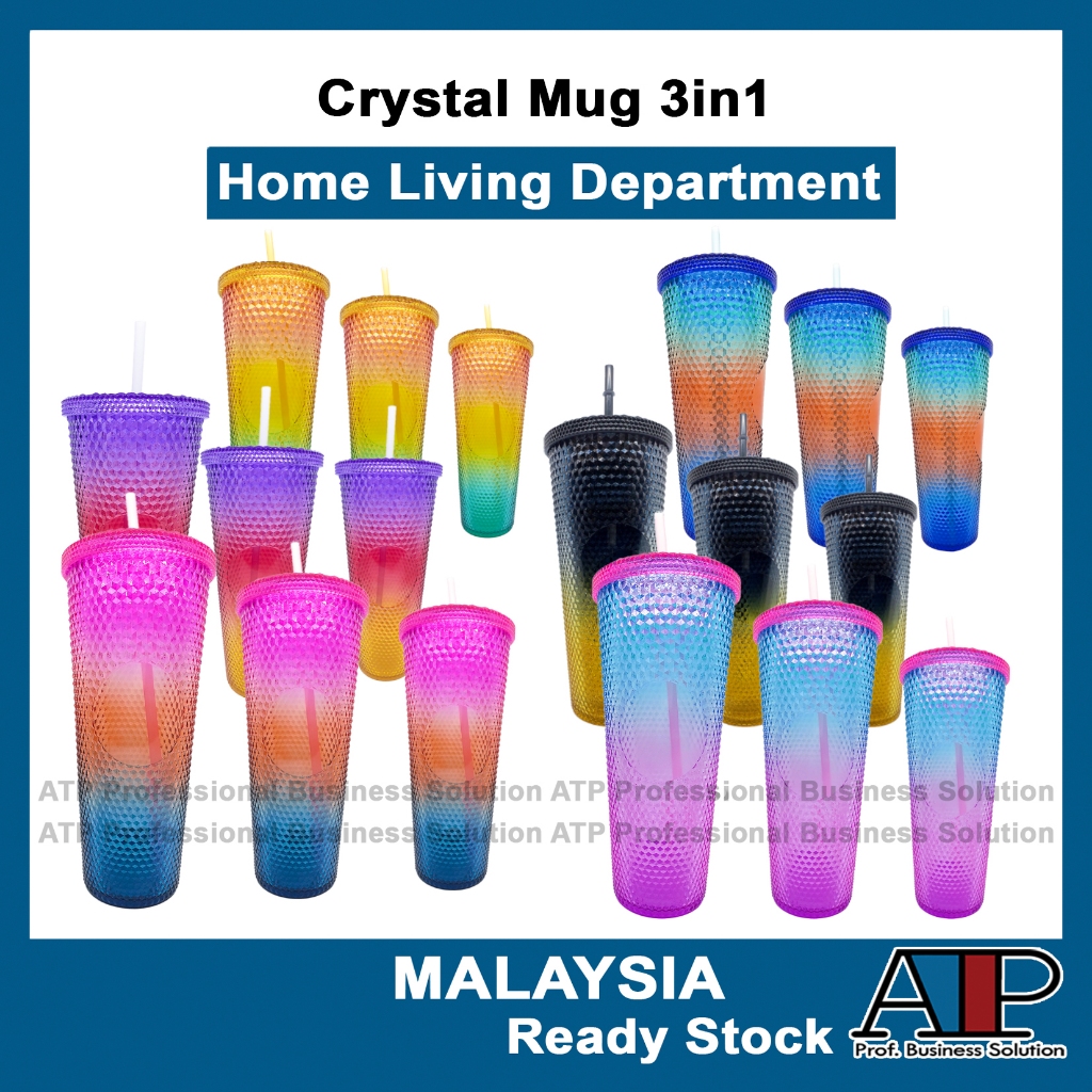 Mug🥤 Crystal Mug 3in1 Coffee Double Layer Plastic Straw Durian Cup ...