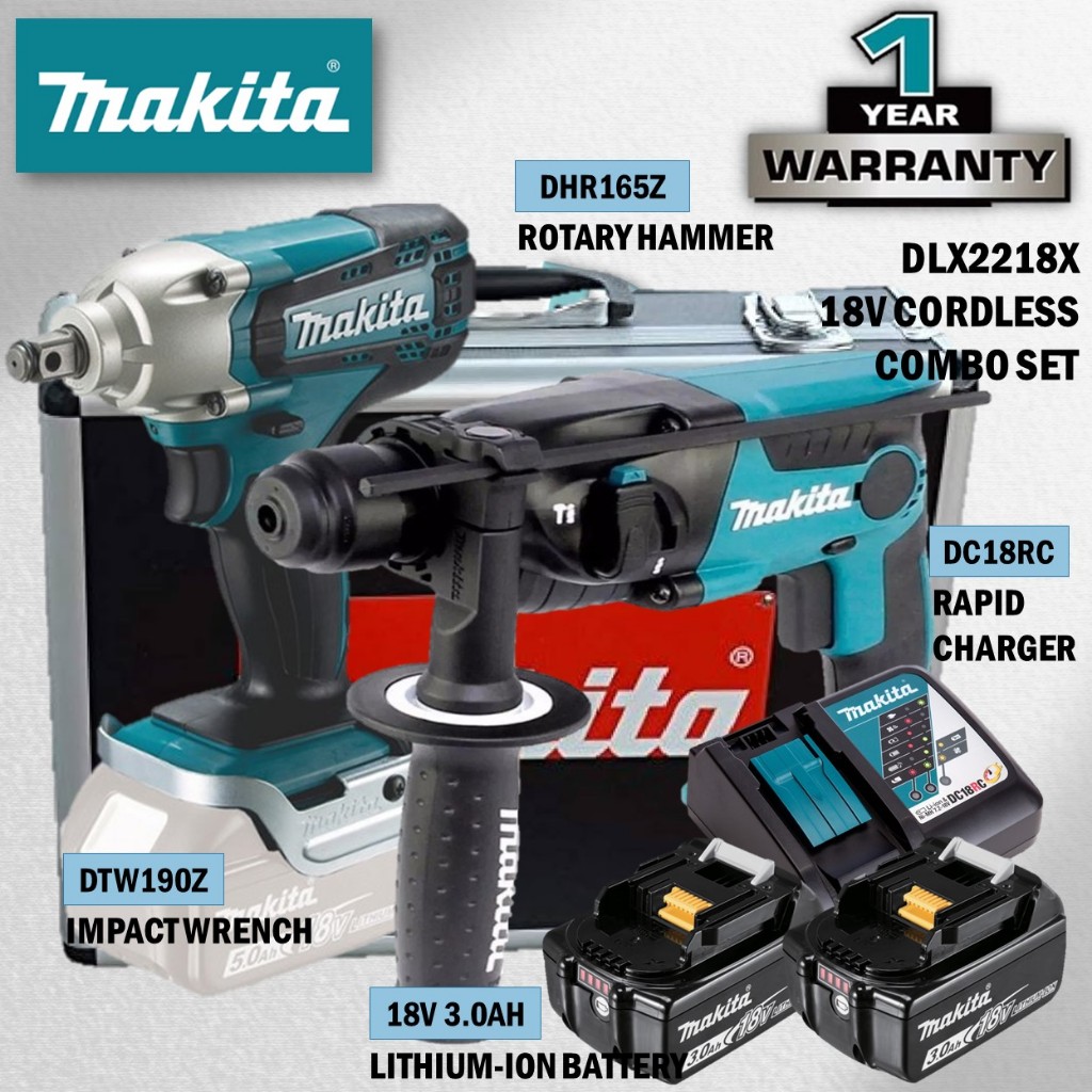 MAKITA DLX2218X 18V Cordless Combo Kit RM1300 ( DHR165 18V Rotary Hammer / DTW190 18V Impact ...