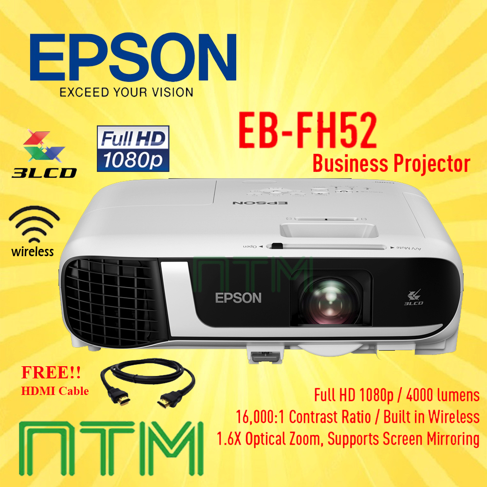 Epson EB-FH52 Full HD 3LCD 4000 Lumens Business Data Projector (Built-In Wireless) Screen ...