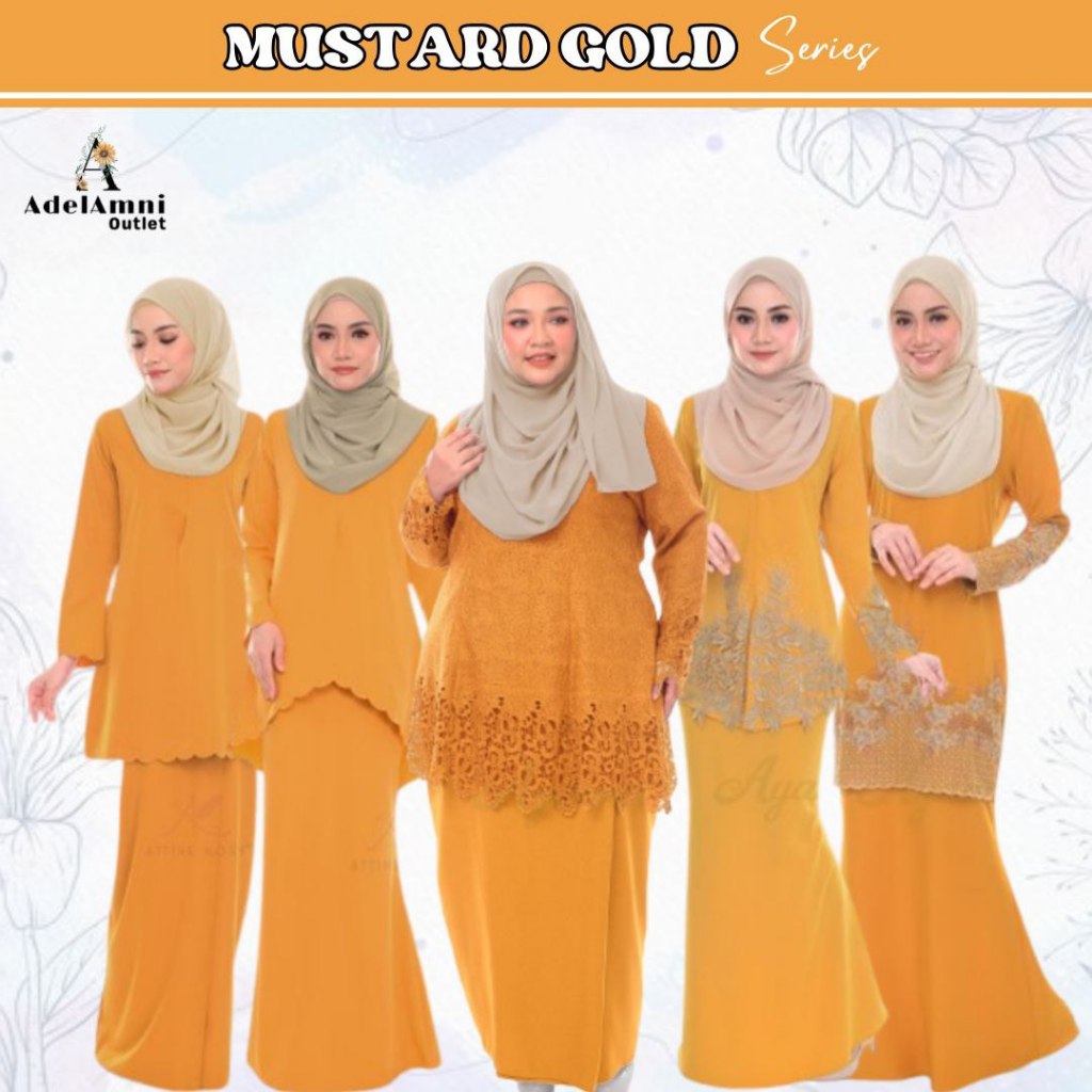 Tema Mustard Gold Baju Kurung Dewasa Plus size Plain Lace Moden Tunang ...