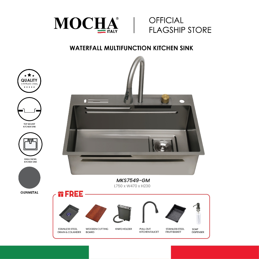 MOCHA SUS304 Waterfall Kitchen Sink MKS7549-GM Gun metal colour sinki ...