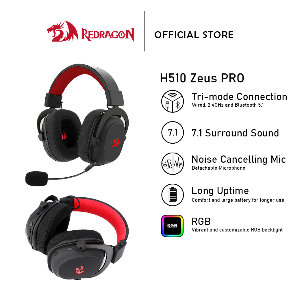 Redragon H510 Zeus Pro Tri-mode Wireless Bluetooth Gaming Headset ...