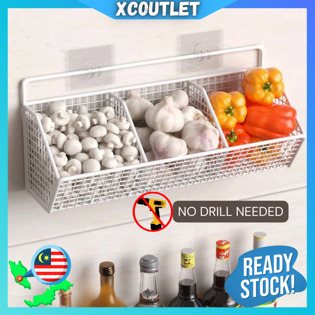 Kitchen Wall Mount Storage Racks Shelving 3 Grid No-Punch Ginger Onion ...