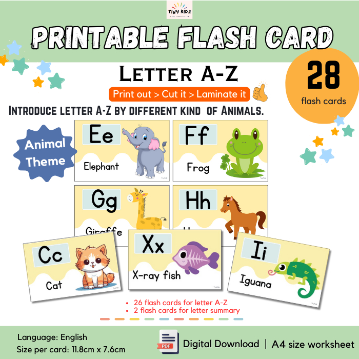 F004- PDF Printable Letter Flash Cards Alphabet A-Z Animal for toddler ...