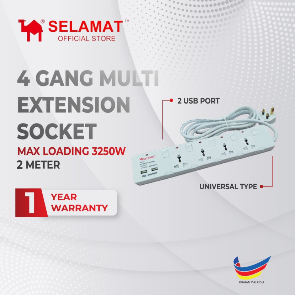Selamat 4 Gang Multi Universal USB Extension Socket with 2 USB Port (2M ...