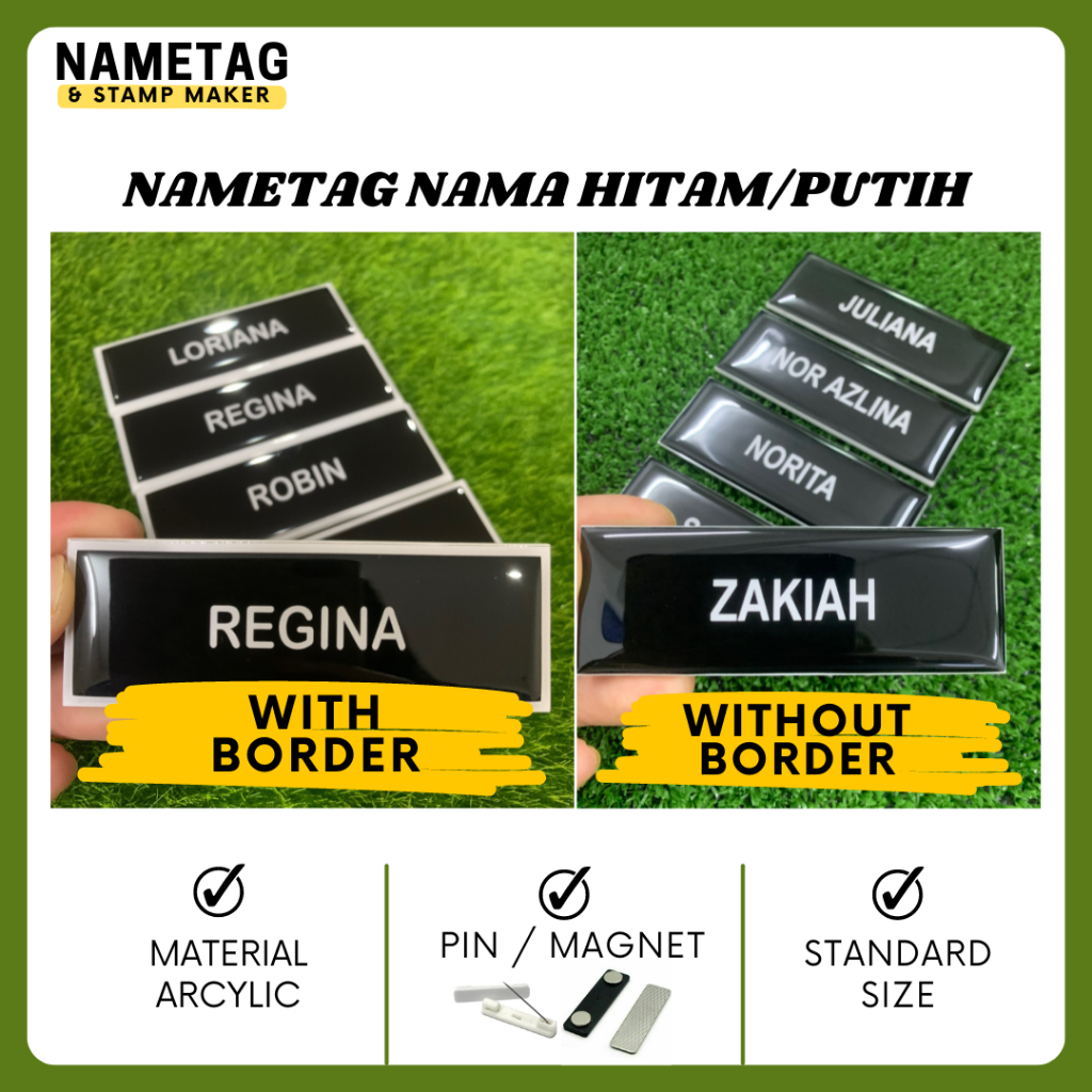 Name Tag Epoxy Acrylic Hitam Putih BORDER / NO BORDER (70X20MM ...