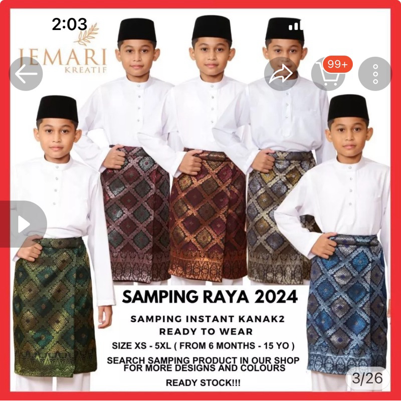 READY STOCK SAMPING SONGKET INSTANT SAMPING RAYA SONGKET KIDS INSTANT ...