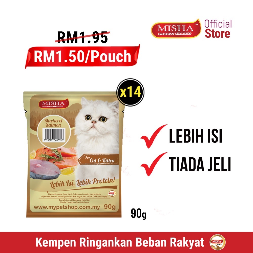 MISHA Wet Cat Food Pouch (90g x 14 Packs) Mackerel Salmon -Chicken Tuna ...
