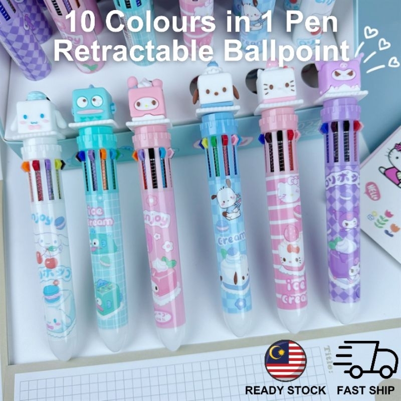 10 Colours in 1 Pen Retractable Ballpoint Sanrio Pen Kuromi Cinnamoroll ...