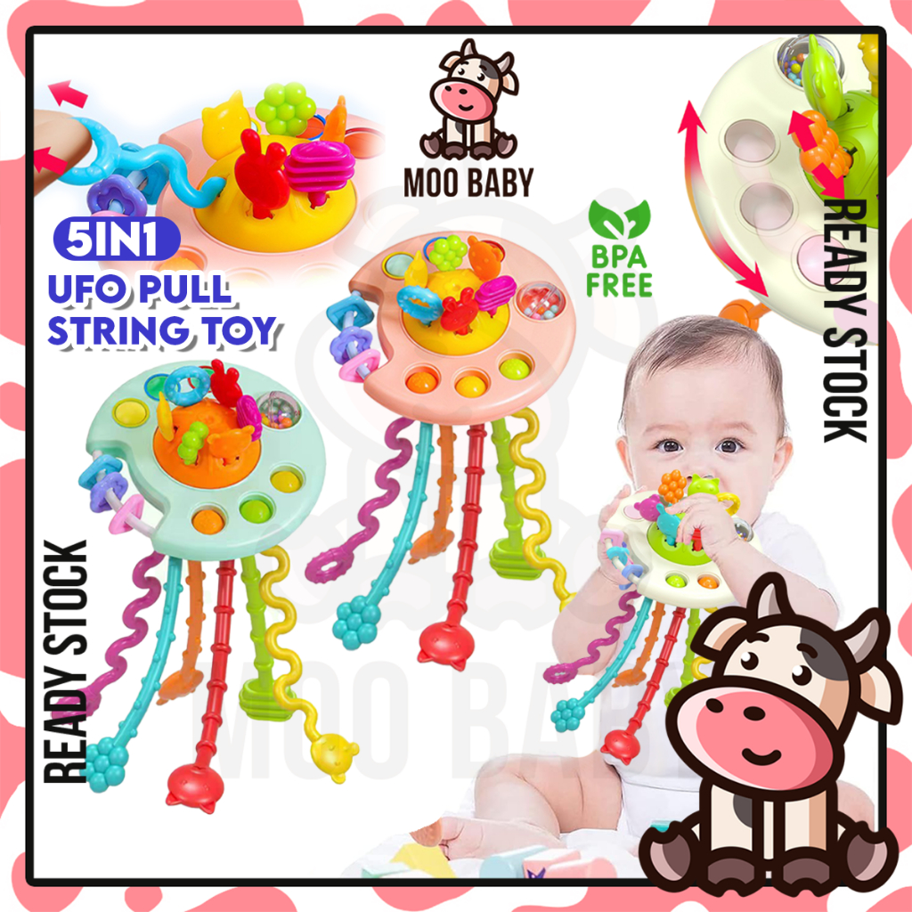 ⭐Moo Baby Mainan Baby 6 Bulan Toy UFO Pull String Toy Baby Teether Toys ...