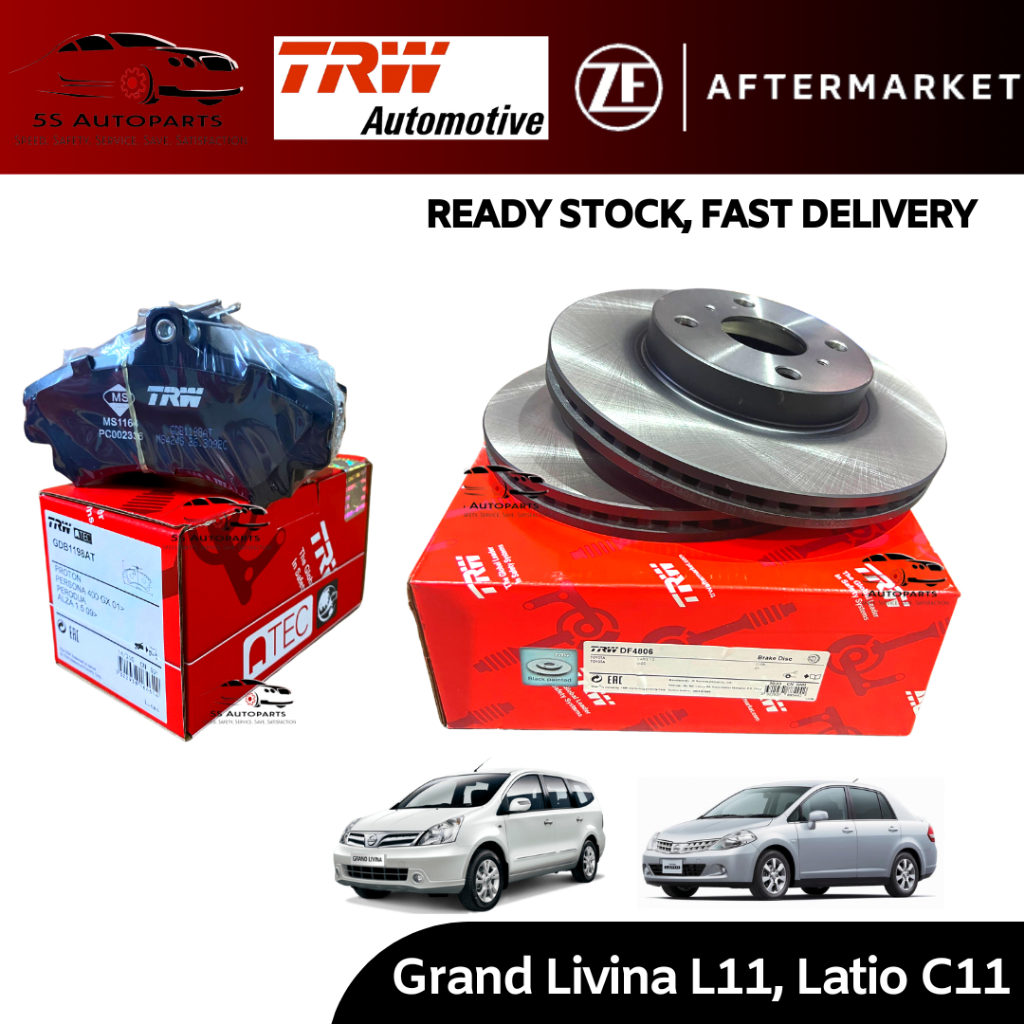 TRW Nissan Grand Livina L10/11, Latio C11 Front (Depan) Disc Rotor (2 PCS) & Disc Pad Set (4 PCS ...
